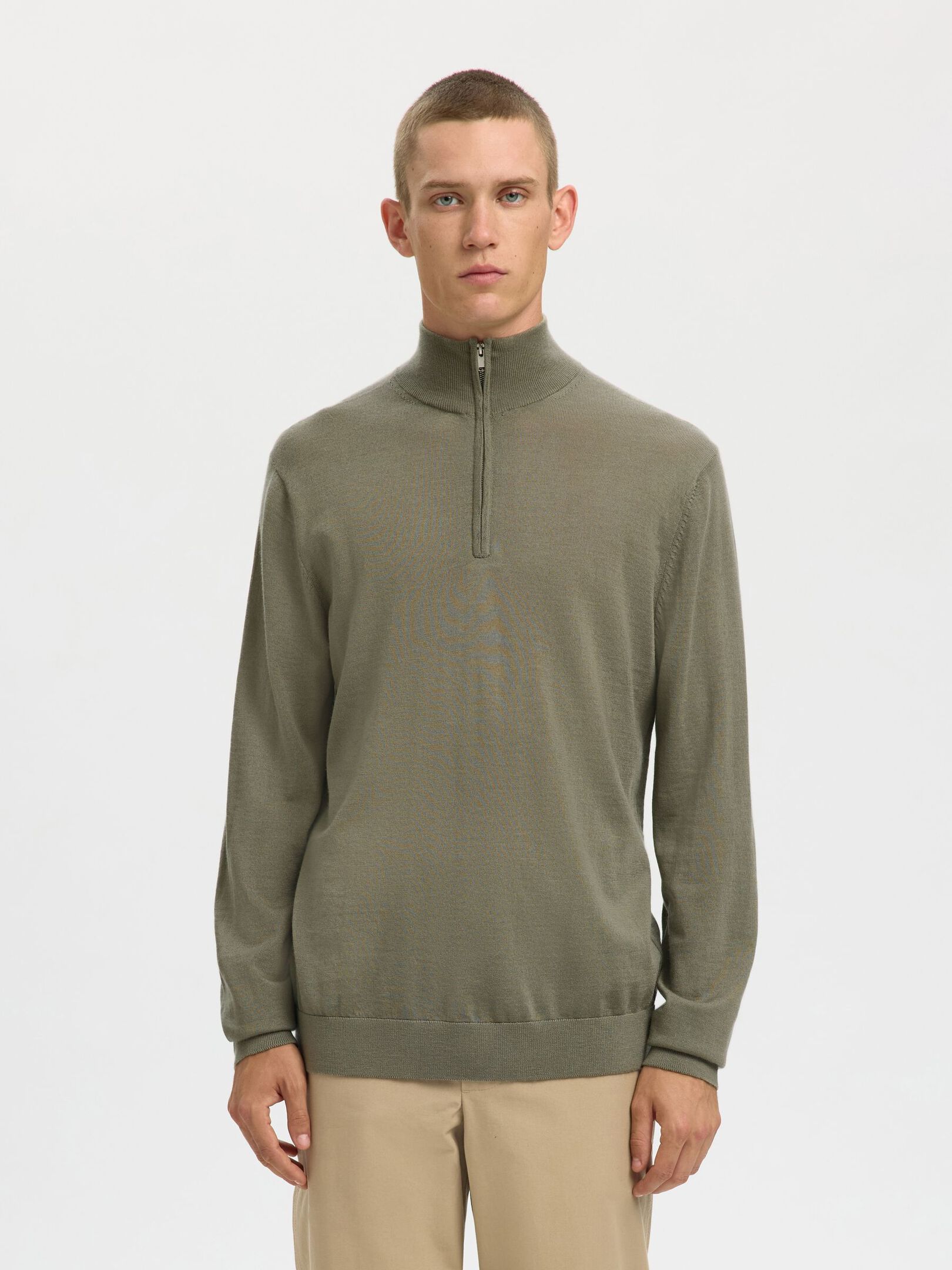 100% MERINO WOOL HALF-ZIP JUMPER | Grey | Selected